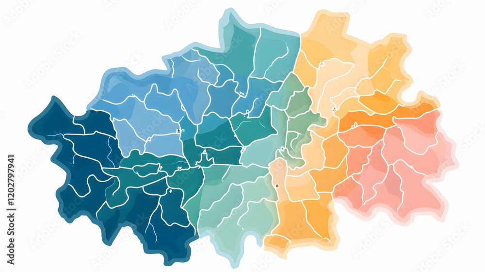 City district map showing geographical divisions, color-coded for ...