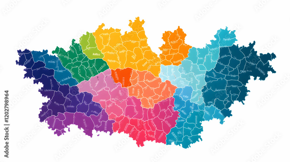 Colorful map of administrative regions, illustrating geographic ...