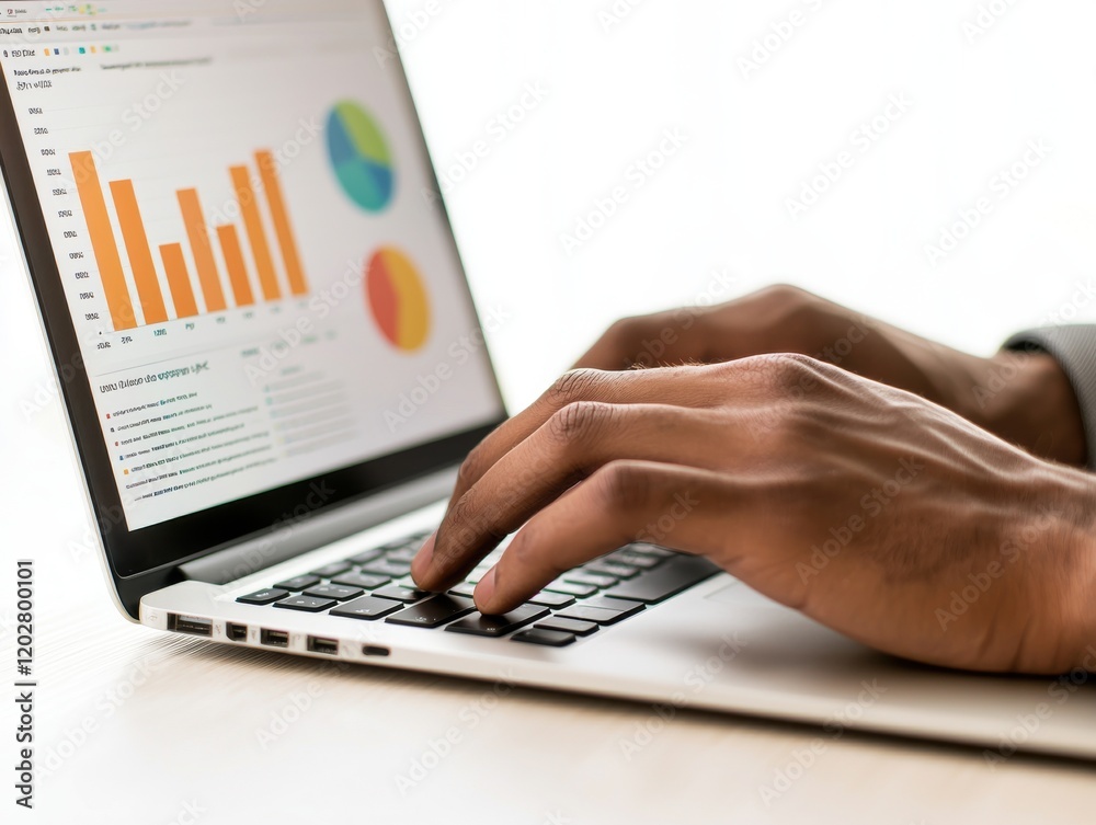 close-up person working laptop financial spreadsheets concept. Hands ...