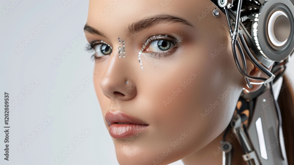 European supermodel with a cyborg head, visual dictionary style photo ...