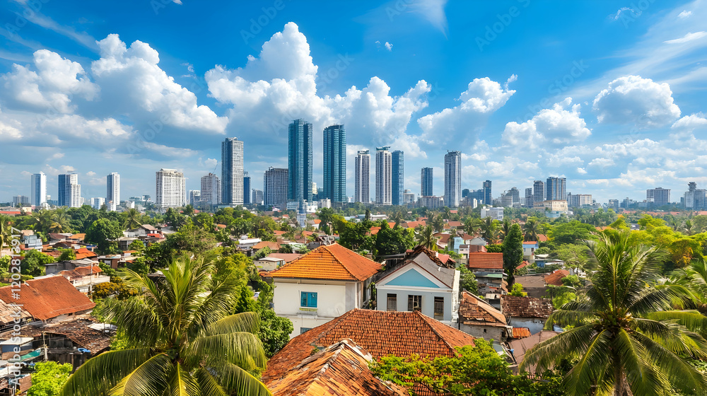 Tropical City Skyline Modern skyscrapers rise above traditional houses ...