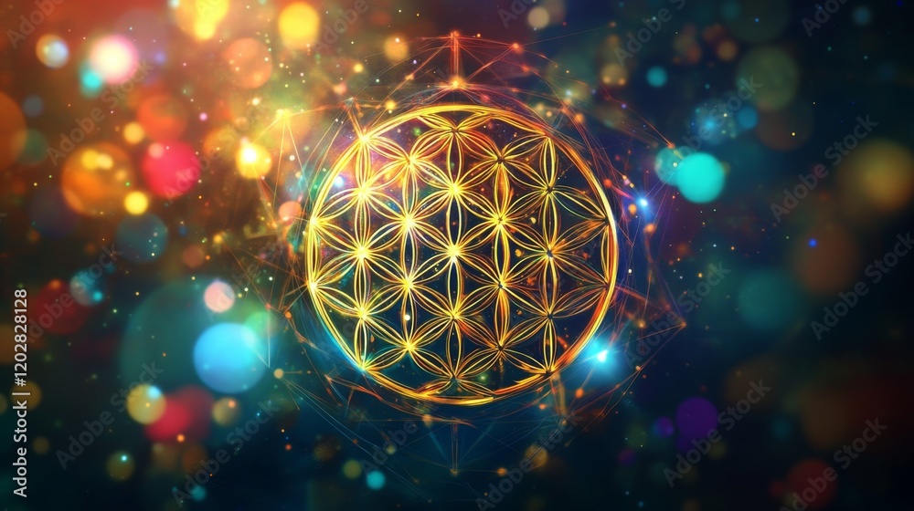 Ethereal flower of life sacred symbol with radiant gold metallic ...