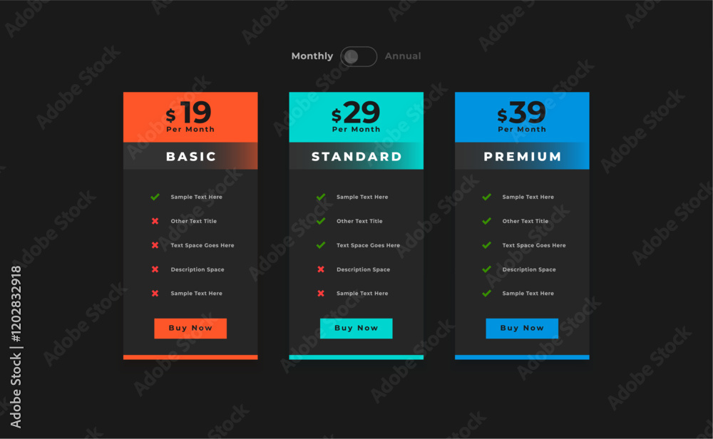3 option subscription or pricing plan table dark layout design Stock ...