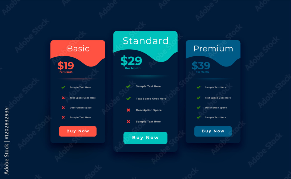 3 option pricing chart table dark template in modern style の Stock ベクター ...