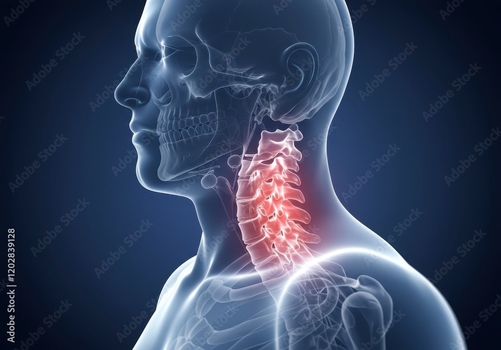 Human anatomy illustration highlighting cervical spine and neck pain ...