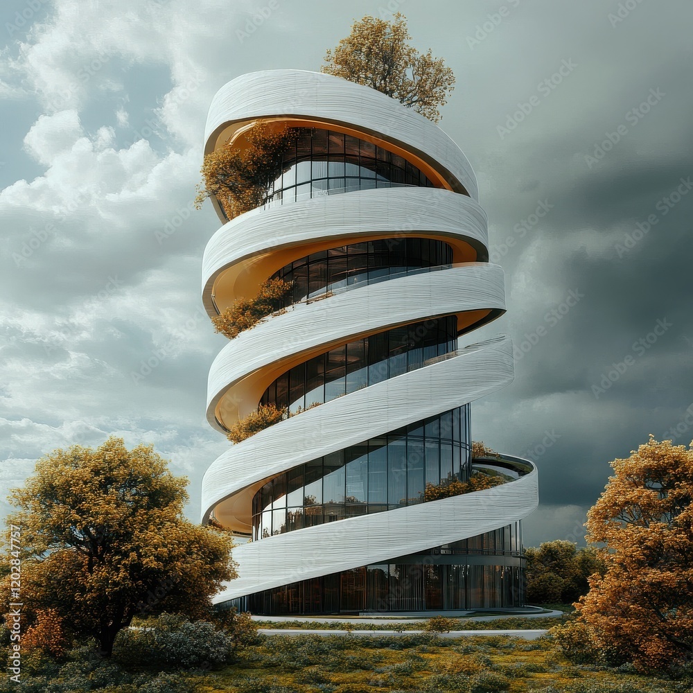 Spiral Eco-Tower: A futuristic architectural marvel, a spiraling tower integrated with lush ...