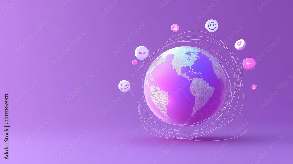 3D earth globe social connectivity illustration, orbiting user profile ...