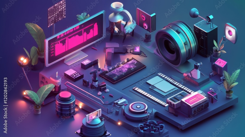 Content creation studio concept, simplified character design, cinema ...