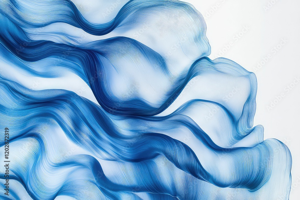 Curved blue wave patterns overlapping each other on a clean white background for a modern ...
