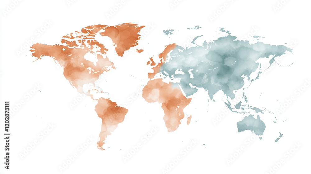 high contrast colored world map featuring distinct orange and teal ...