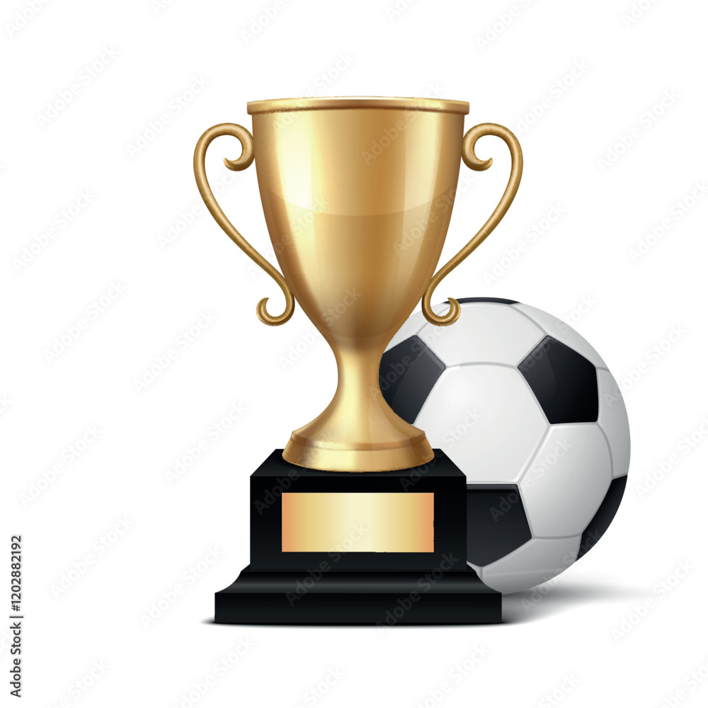 Vector 3D Realistic Golden Winner Champion Cup and Soccer Ball Set ...