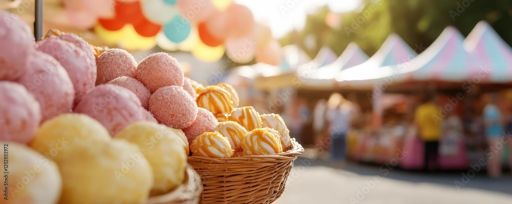 Vibrant retro street fair quaint town square food stalls colorful ...