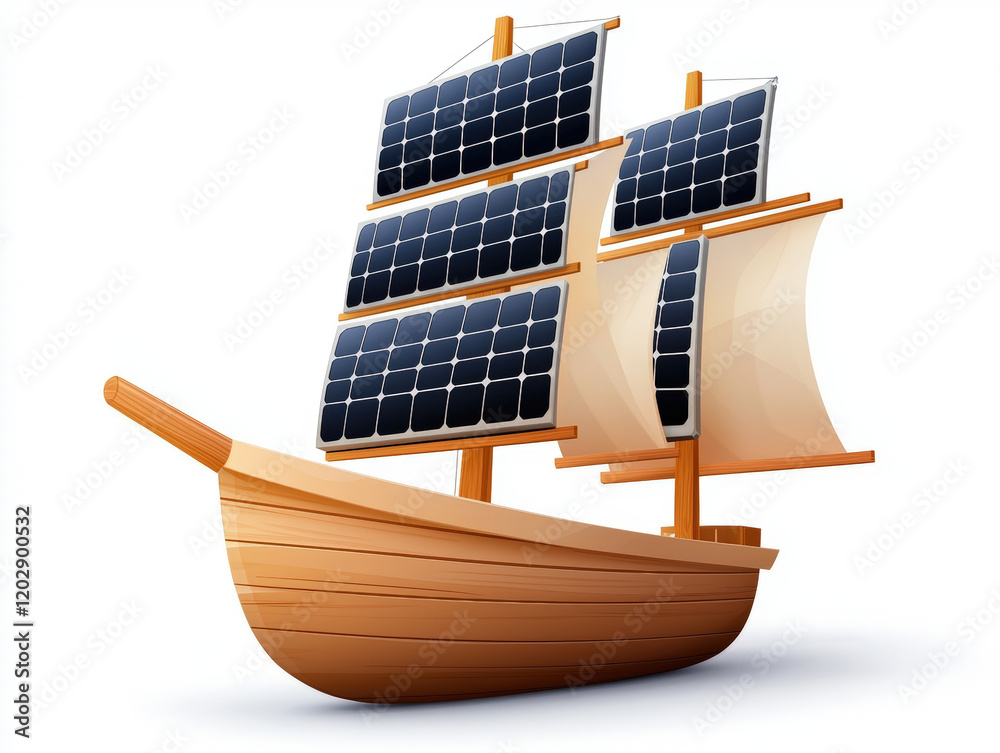 Classic wooden ship with solar sails, showcasing eco friendly design ...