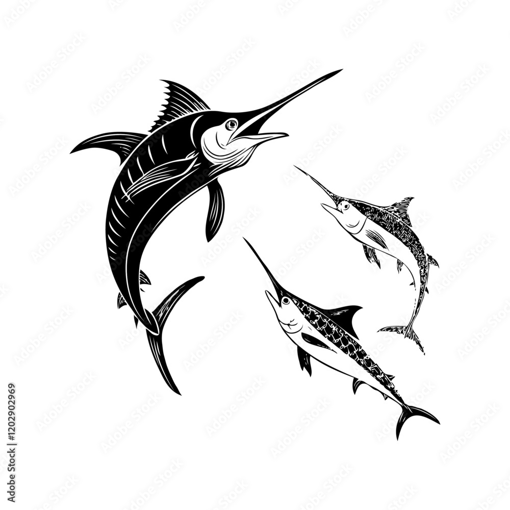 Marlin sea fish silhouette, marlin fish in different poses, sword fish ...