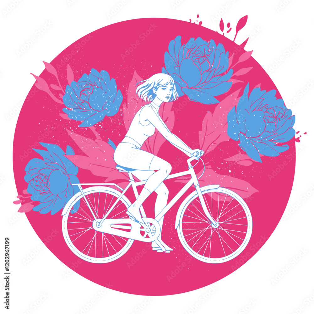 Woman riding bicycle, flat cartoon vector style. International Women's Day, March 8th Card ...
