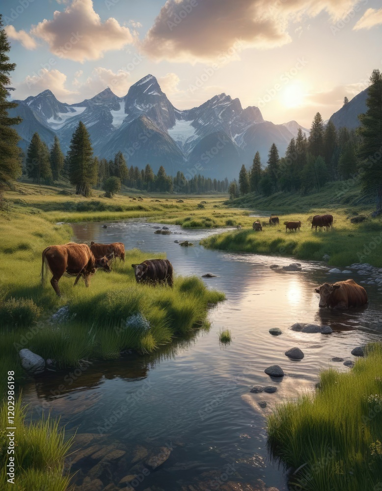 Cattle grazing near a babbling brook that flows into a serene lake at ...