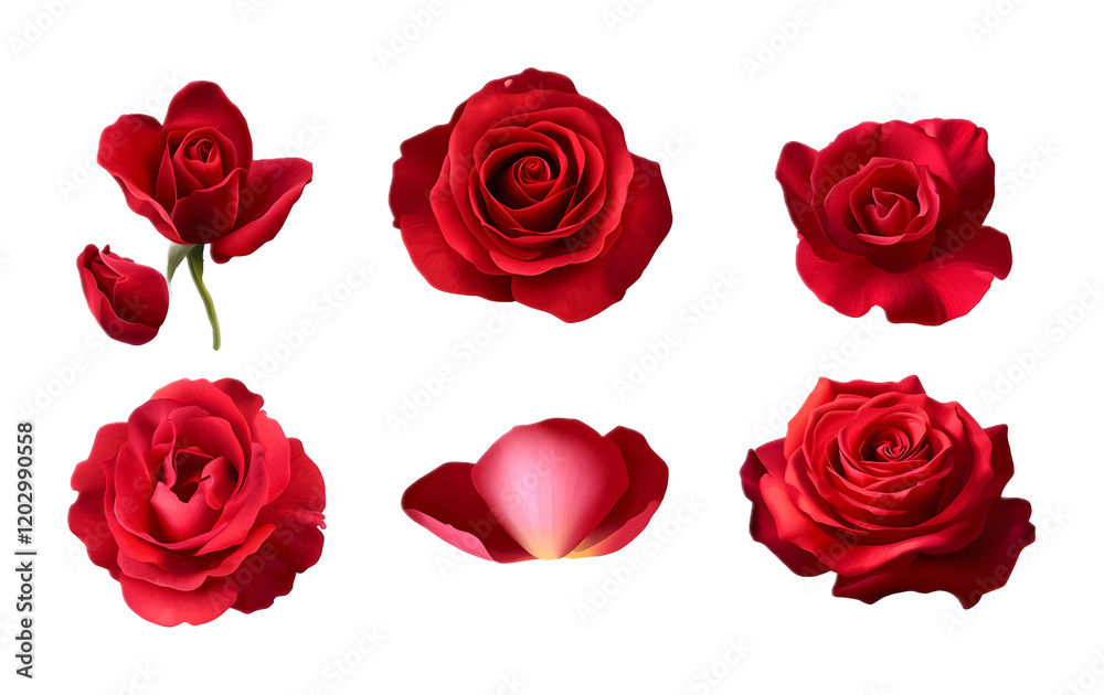 Different parts of red rose flower isolated on a transparent background ...