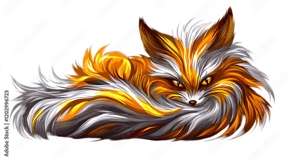 A red fox with its bushy tail curled elegantly, filling 60 percent of ...