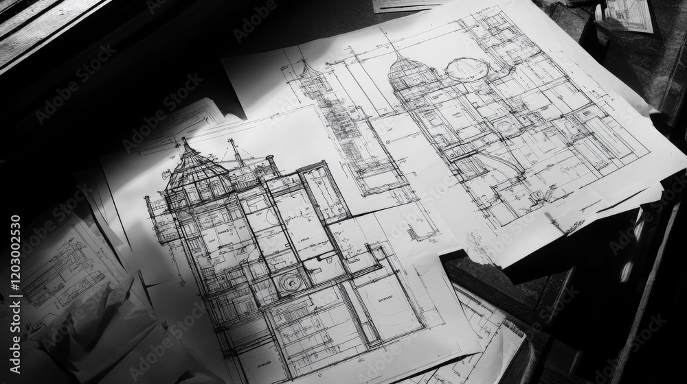 Architectural blueprints scattered across a table, showing floor plans ...