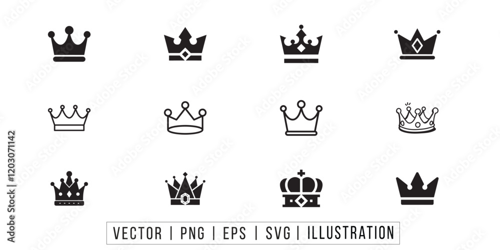 Royal crowns silhouette icons. Queen tiara and King crown, majestic ...
