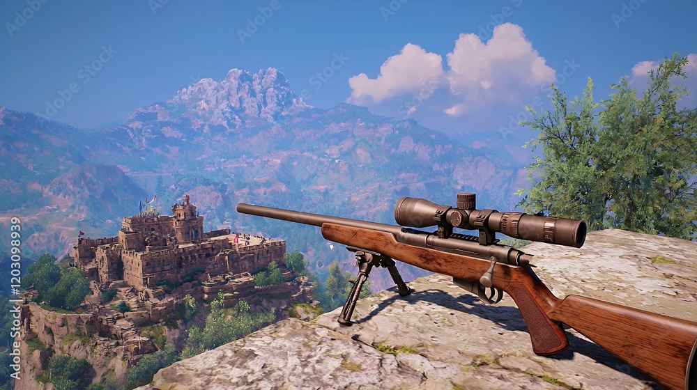 Sniper Rifle Aimed at Mountain Fortress Stock Photo | Adobe Stock