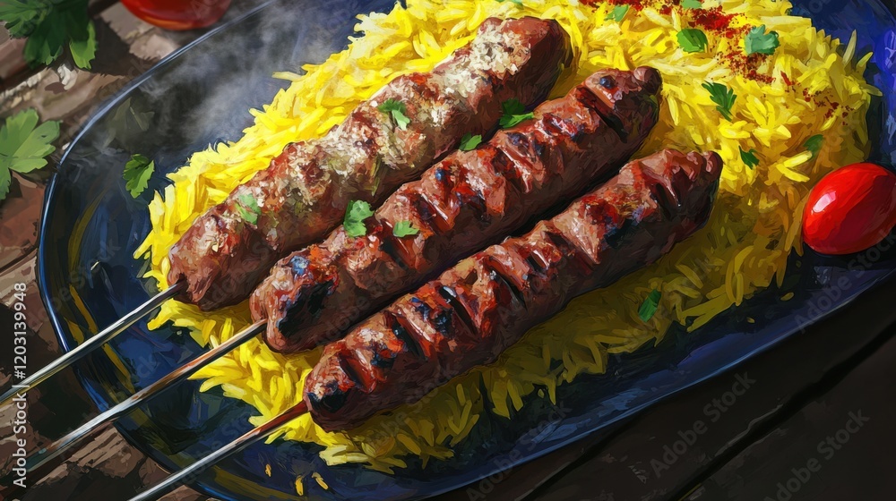 Traditional Persian kebab with saffron rice. Featuring a grilled and ...