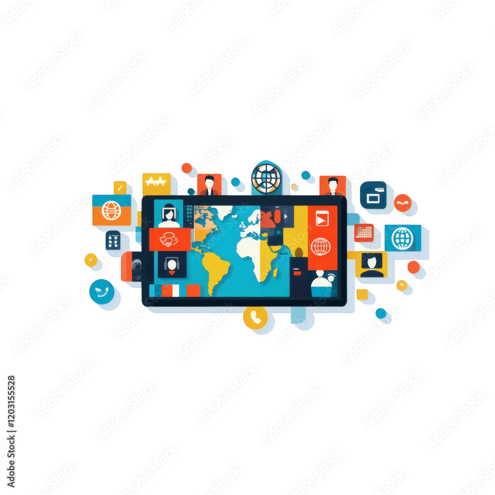 Global Digital Network: Tablet Screen Displaying World Map with Social ...