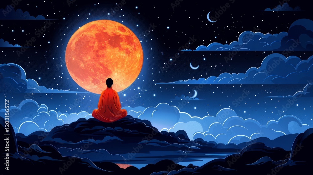 Monk meditates on mountaintop under a huge red moon and starry night ...