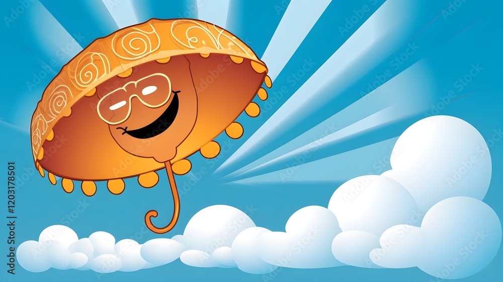 Cheerful and playful cartoon sun character wearing a stylish hat and ...