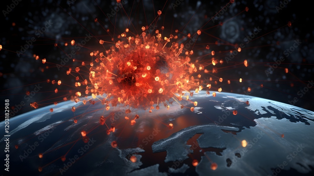 Magnified of a virus particle hovering over a map of Asia and spreading ...