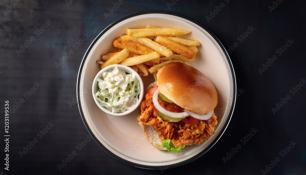 top down view of Classic Cheeseburger Plate with Golden Fries and ...