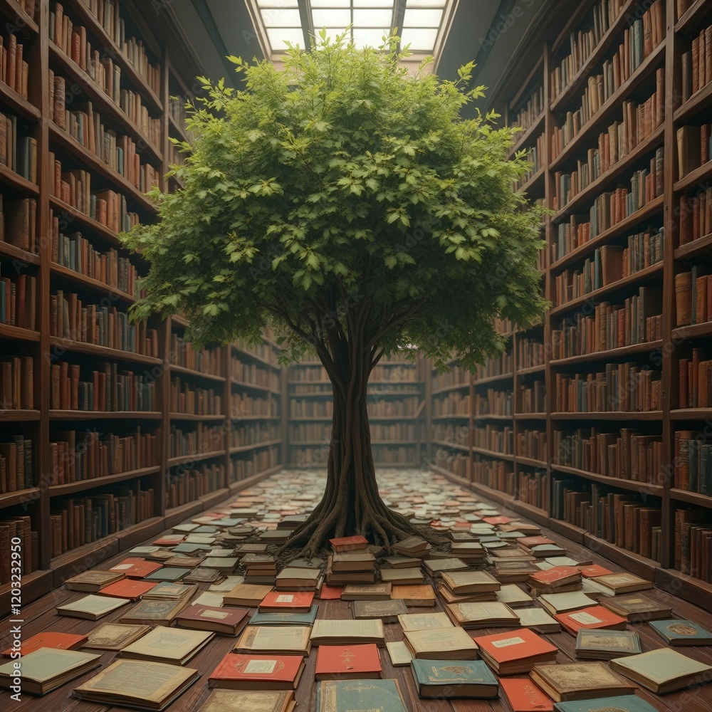 Enchanted Tree of Knowledge in a Library Stock Illustration | Adobe Stock