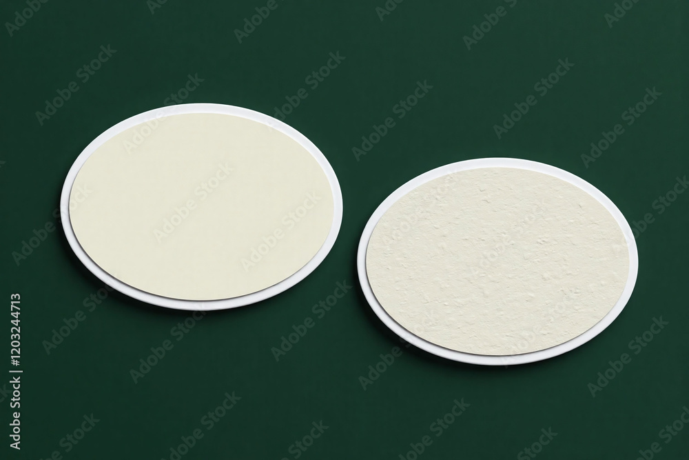 Two oval shaped stickers on a solid dark green background with ...
