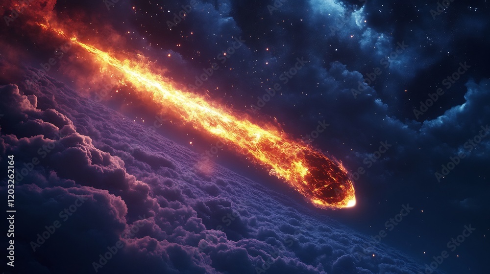 Fiery meteor blazing across the dark night sky leaving a vibrant trail ...