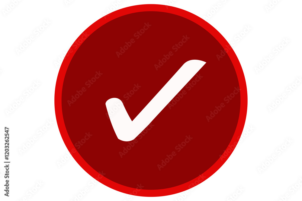 White right tick check mark icon on red round circle over transparent ...
