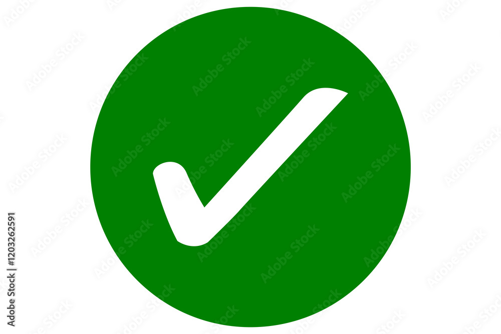 White right tick check mark icon on green circle over transparent ...