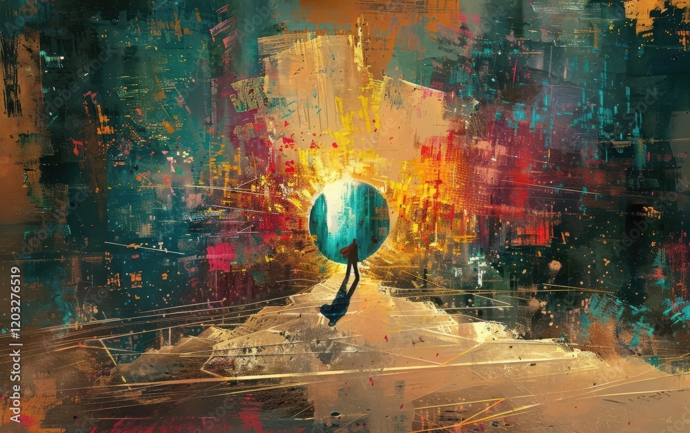 Digital painting of a person breaking through a barrier labeled Success ...