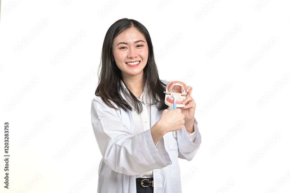 Portrait Asian woman dentist teaching how to brush teeth.Dentist ...