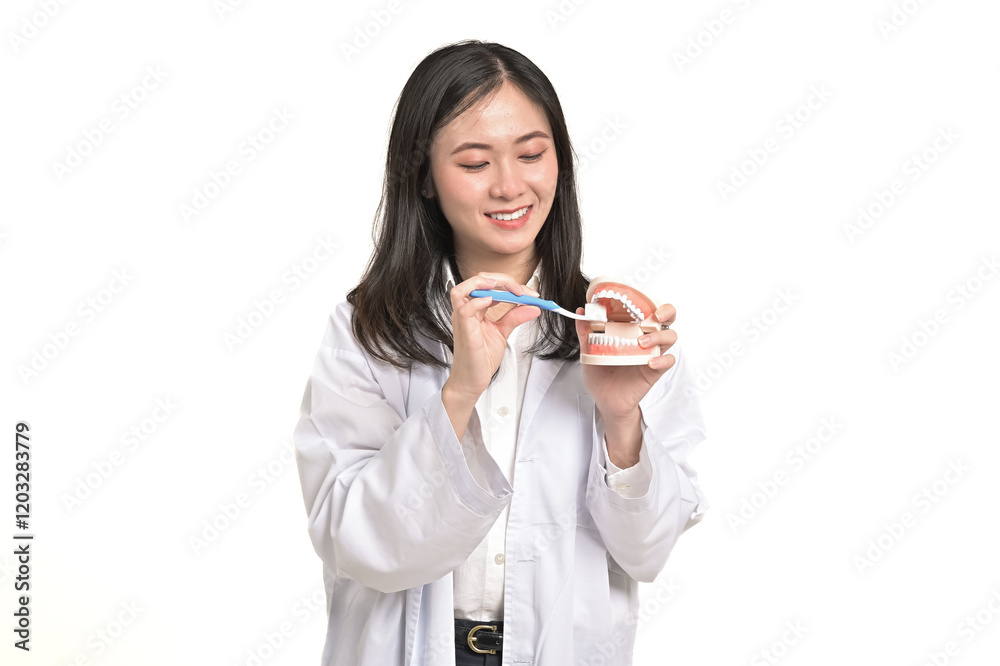 Portrait Asian woman dentist teaching how to brush teeth.Dentist ...