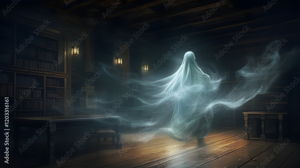 A ghostly apparition drifting through the dimly lit shelves of an old ...