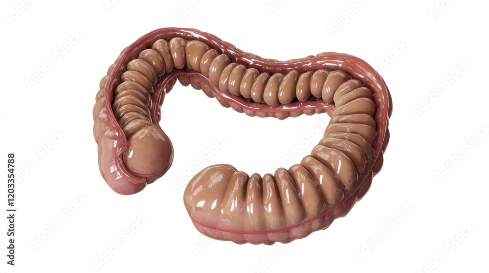 3D anatomical model of the human large intestine, showing realistic ...