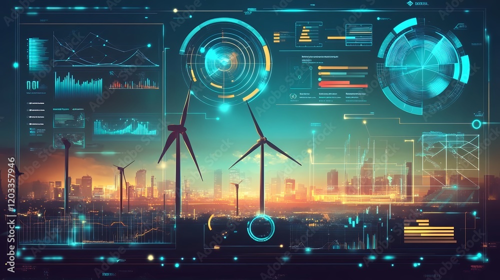 Wind Turbine Cityscape Futuristic Energy Monitoring Dashboard Stock ...