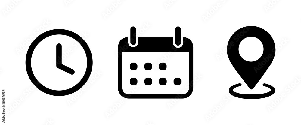 Time date address icons set. Address location icon. Stopwatch timer icon. Date Calendar icon ...
