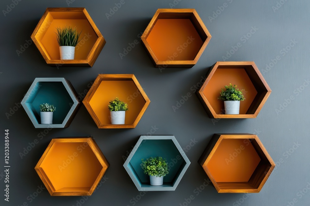 Geometric wall-mounted shelves with hexagonal shapes in contrasting ...