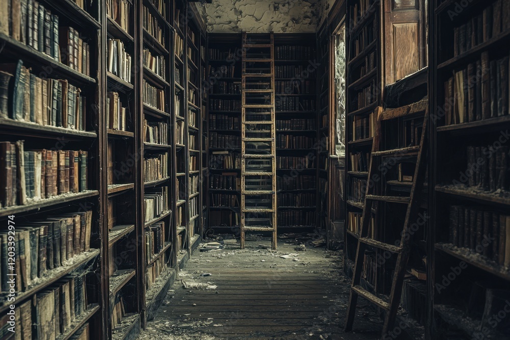 Exploring the enigmatic beauty of an abandoned library with dusty books forgotten stories and ...