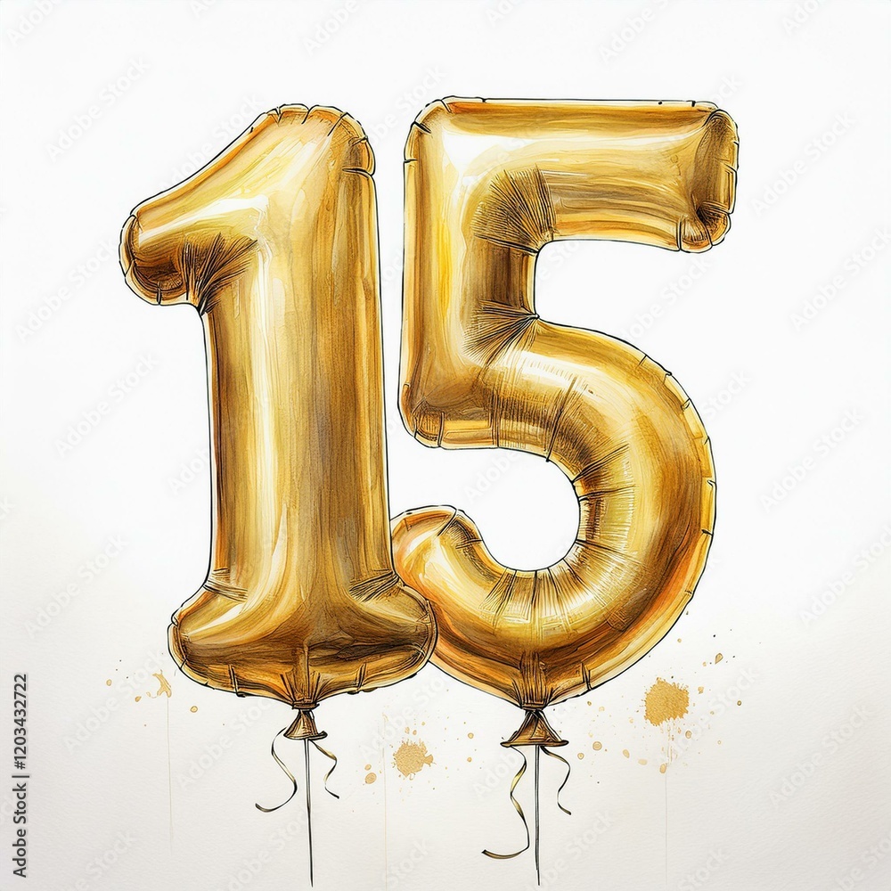 Gold birthday / anniversary party balloon, number 15, watercolor ...
