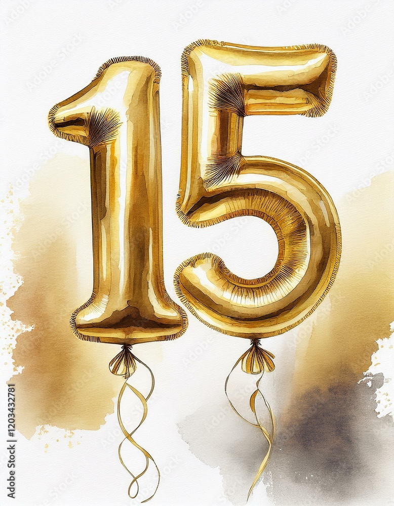 Gold birthday / anniversary party balloon, number 15, watercolor ...
