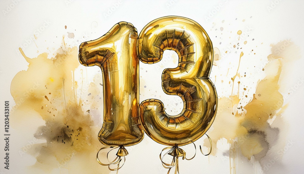 Gold birthday / anniversary party balloon, number 13, watercolor ...
