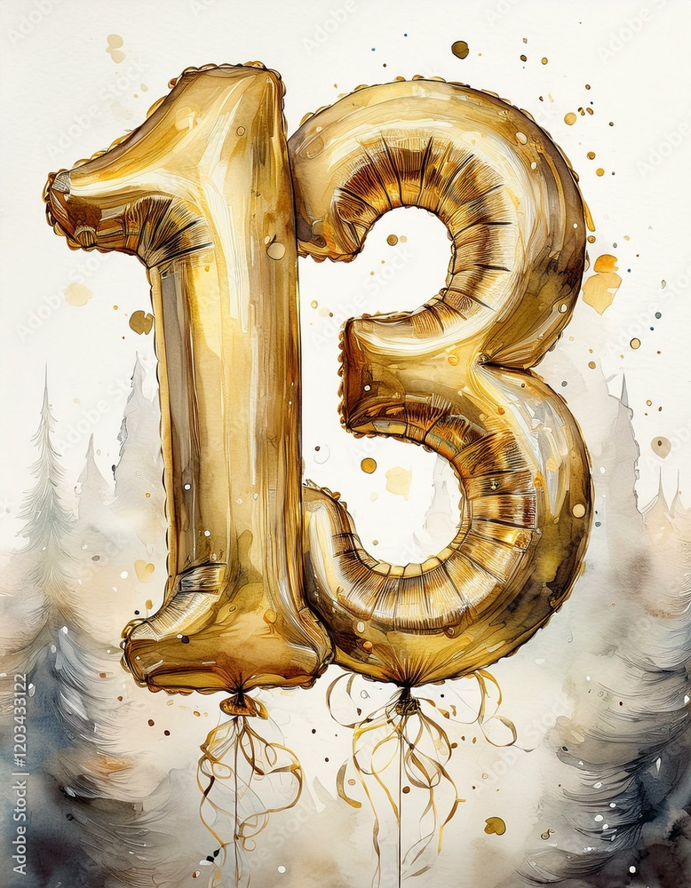 Gold birthday / anniversary party balloon, number 13, watercolor ...
