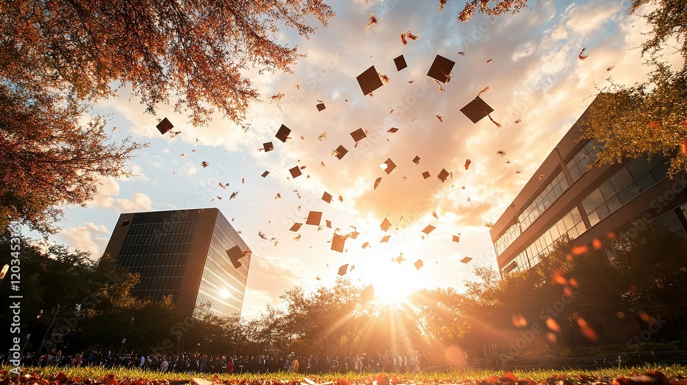 Celebration of New Beginnings with Graduation Caps Soaring Above Campus ...